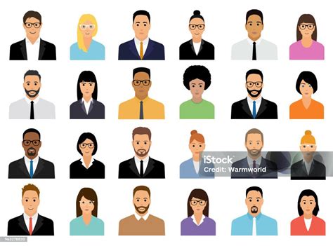 사람 아이콘을 설정합니다 팀 개념입니다 다양 한 비즈니스 남성과 여성 아바타 아이콘입니다 평면 디자인 사람들 문자 벡터