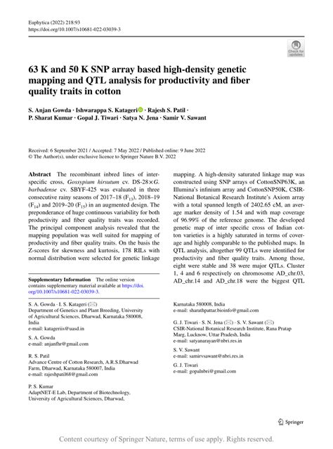 63 K And 50 K Snp Array Based High Density Genetic Mapping And Qtl