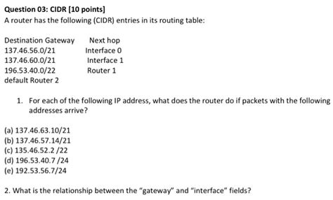 solved question 03 cidr [10 points] a router has the fol