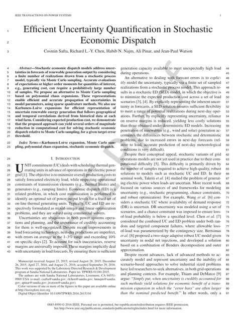 PDF Efficient Uncertainty Quantification In Stochastic Economic Dispatch