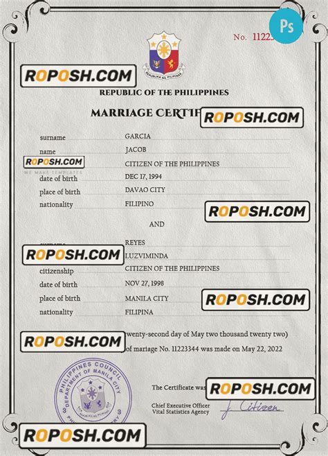 Philippines Marriage Certificate Psd Template Completely Editable Roposh