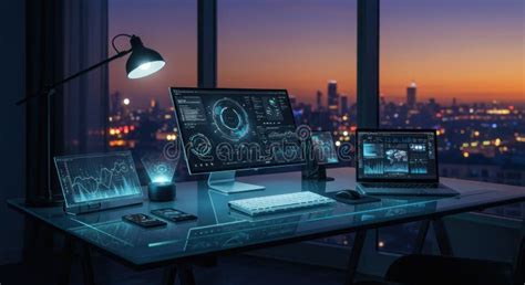 Modern Tech Workplace With Futuristic Displays And City View Stock