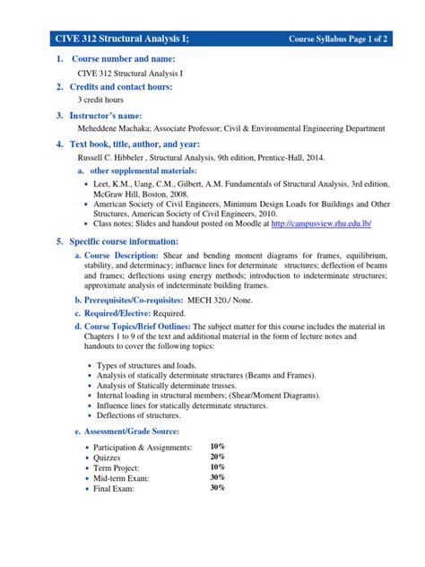 Cive 312 Structure I Syllabiabet 2024 Pdf Structural Analysis Beam Structure