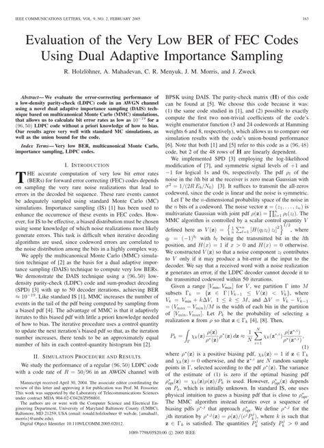 Pdf Evaluation Of The Very Low Ber Of Fec Codes Using Dual Adaptive Importance Sampling
