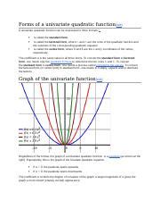 Understanding Forms And Graphs Of Univariate Quadratic Functions Course Hero