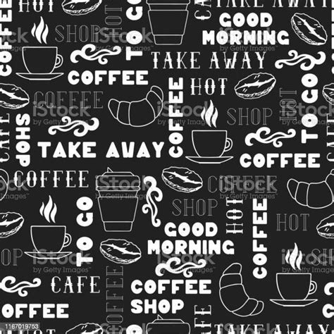 텍스트 크루아상 커피 컵이 있는 매끄러운 패턴으로 뜨거운 음료를 마실 수 있습니다 레터링 커피 숍 배경에 대한 개념 그림입니다