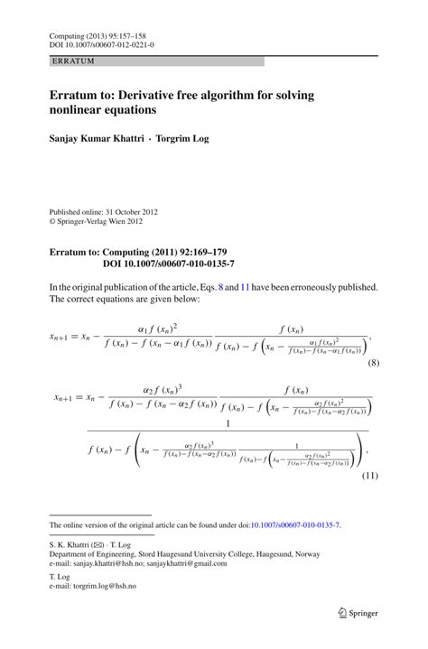 pdf erratum to derivative free algorithm for solving nonlinear equations