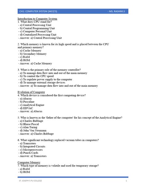 Ch1 Computer System Mcq Pdf Computer Data Storage Central Processing Unit