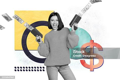 합성물 추세 삽화 3d 스케치 이미지 사진 콜라주 젊은 행복 여자 보류 돈 권총 작업 달러 Usd 벌다 수입 작업 공간 20 24세에 대한 스톡 사진 및 기타 이미지