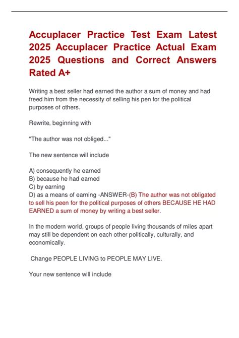 Accuplacer Practice Test Exam Latest 2025 Accuplacer Practice Actual Exam 2025 Questions And