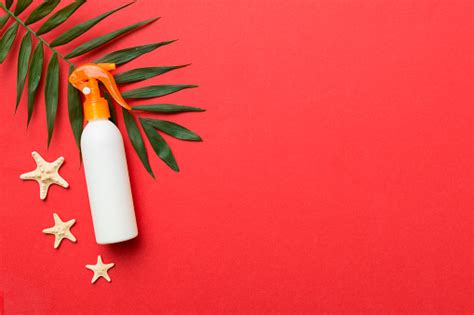 자외선 차단제 스프레이 병 태양 보호 크림과 색상 배경에 열대 녹색 잎이있는 바다 껍질이있는 병 상단 전망 자동차 썬스크린에