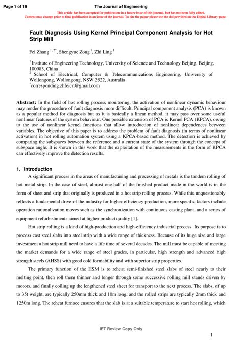 Pdf Fault Diagnosis Using Kernel Principal Component Analysis For Hot Strip Mill