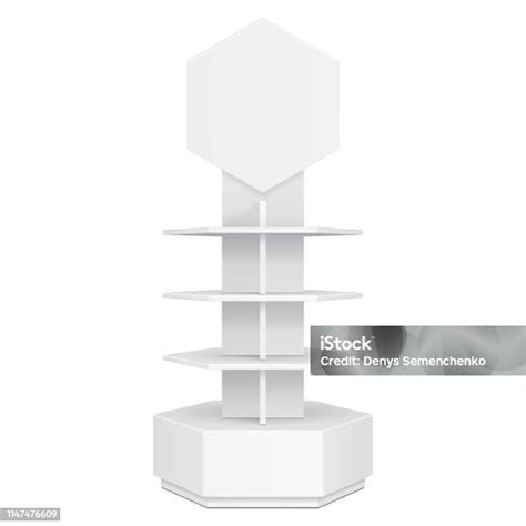 슈퍼마켓 빈 빈 디스플레이를 위한 육각형 육각형 Pos Poi 마분지 지 면 진열대 고립 된 흰색 배경에 모의 제품 디자인을 위한 준비 제품 광고 벡터 Eps10 개념에