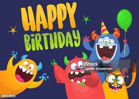 다른 얼굴 표정으로 설정된 만화 행복한 괴물 생일 파티 초대장 또는 포스터 디자인 벡터 일러스트 레이 션 가공의 인물에 대한 스톡 벡터 아트 및 기타 이미지 Istock