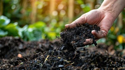 Hand Holding Rich Dark Compost With A Blurred Garden Background Soil