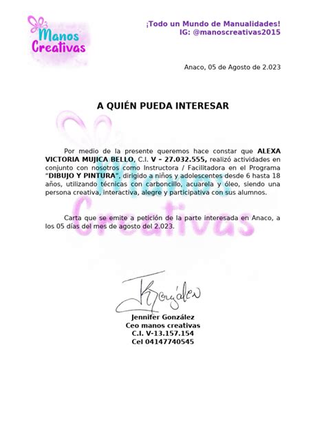 Carta Manos Creativas Constancia Alexa Mujica Pdf