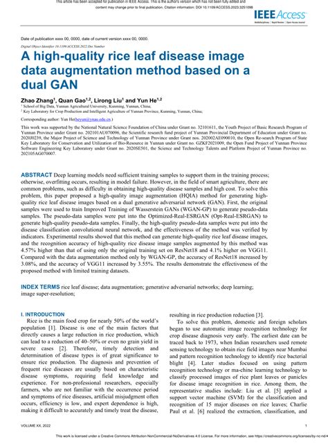 Pdf A High Quality Rice Leaf Disease Image Data Augmentation Method Based On A Dual Gan