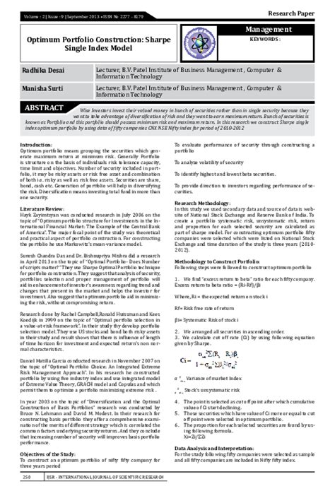 Pdf Optimum Portfolio Construction Sharpe Single Index Model Dr