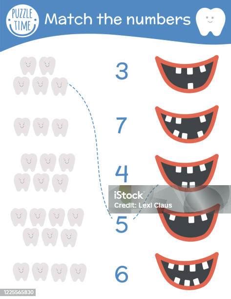 치아와 입과 일치하는 게임 미취학 아동을위한 치과 치료 수학 활동 치과 진료소 계산 워크 시트 아이들을위한 귀여운 재미있는 요소와 교육 수수께끼 건강관리와 의술에 대한 스톡