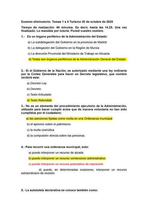 Ejemplo De Test Primer Examen Derecho Administrativo Derecho