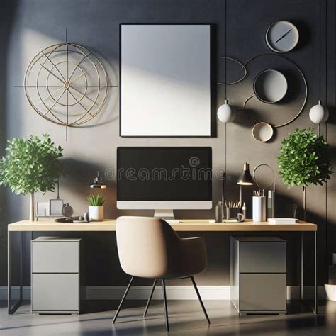 Modern Office Workspace With A Computer Desk And Lamp Generative Ai For