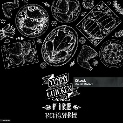 닭 고기 구운 닭고기와 튀김 손으로 그린 스케치 그림입니다 구운 닭고기 고기 상단 보기 프레임 벡터 그림입니다 새겨진 디자인