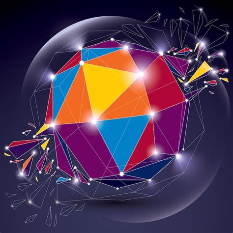 3d 벡터 디지털 와이어프레임 개체는 다른 입자 선 메쉬 및 조명 효과가 있는 기하학적 다각형 구조로 나뉩니다 낮은 폴리 부서진 글로우 모양 스파클 격자 형태