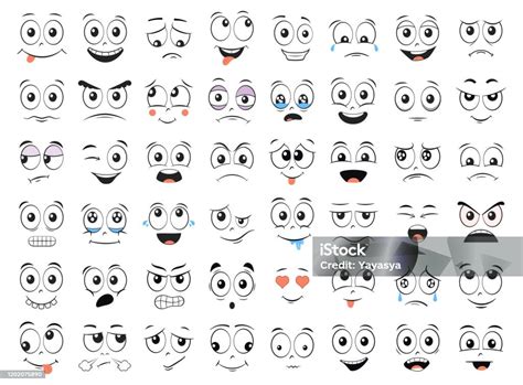 만화 얼굴 세트입니다 화가 웃음 미소 울고 무서워및 기타 표현 그림 감정에 대한 스톡 벡터 아트 및 기타 이미지 감정 개체 그룹 귀여운 Istock