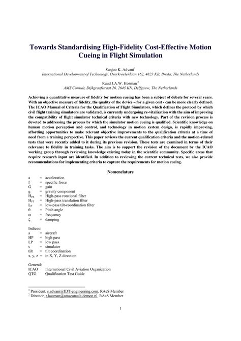 Pdf Towards Standardising High Fidelity Cost Effective Motion Cueing In Flight Simulation