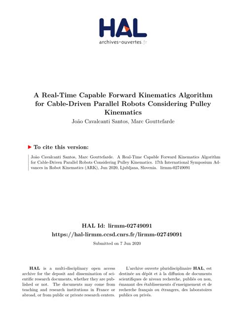 Pdf A Real Time Capable Forward Kinematics Algorithm For Cable Driven Parallel Robots