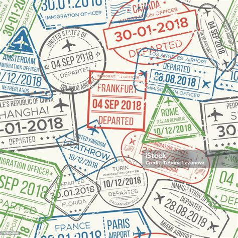 여행 비자 공항 우표 완벽 한 패턴입니다 여행 문서 바이스 또는 여권 도장 패턴 벡터 배경 비자에 대한 스톡 벡터 아트 및 기타 이미지 Istock