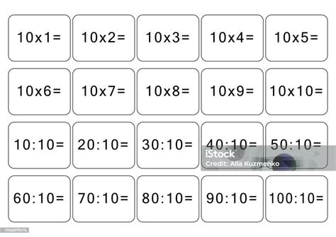 곱셈 및 나눗셈 표 10 예를 들어 그림이있는 수학 카드 곱셈 광장 벡터 그림입니다 인쇄물 배너 어린이 학생을위한 테이블 학교 교육 논리적 과제 0명에 대한 스톡 벡터 아트