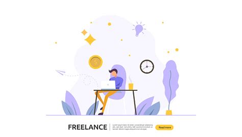 프리랜서 개념입니다 프리랜서 또는 집에서 작업 사람 문자 노트북 작업 웹 랜딩 페이지 배너 프레젠테이션 소셜 및 인쇄 미디어 용