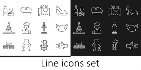 세트 라인 손목 시계 크로와상 프랑스 바게트 빵 남자 에펠 탑 치즈가 든 와인 병 가로등 및 베레모 아이콘 벡터 빵집에 대한 스톡 벡터 아트 및 기타 이미지 Istock