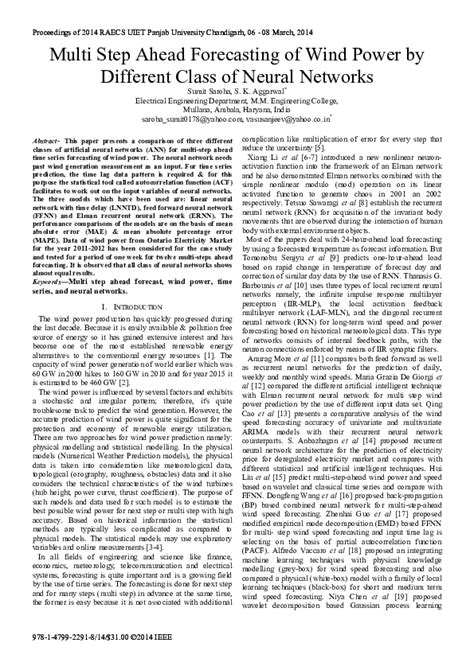 Pdf Multi Step Ahead Forecasting Of Wind Power By Different Class Of Neural Networks Sumit