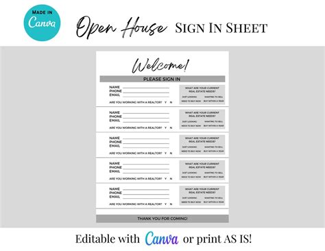 Open House Sign In Sheet Real Estate Marketing Real Estate