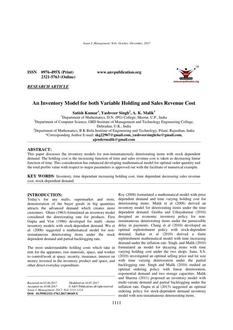 Pdf An Inventory Model For Both Variable Holding And Sales Revenue Cost