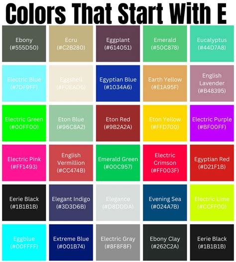 50 Colors That Start With E Names With Hex Codes Spanish Colors