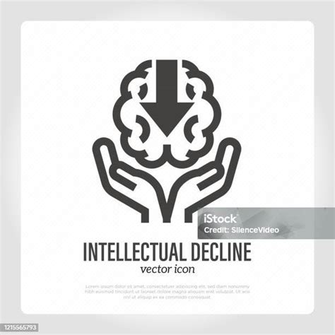 지적 쇠퇴 손에 아래로 화살표와 뇌 가는 선 아이콘입니다 기억 상실 기억 상 실증 알 츠 하이 머 병 치 매 의료 및 의료 벡터 그림 건강관리와 의술에 대한 스톡 벡터 아트