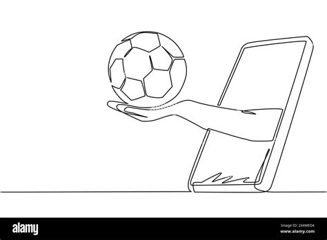 Single Continuous Line Drawing Hand Holds Soccer Ball Through