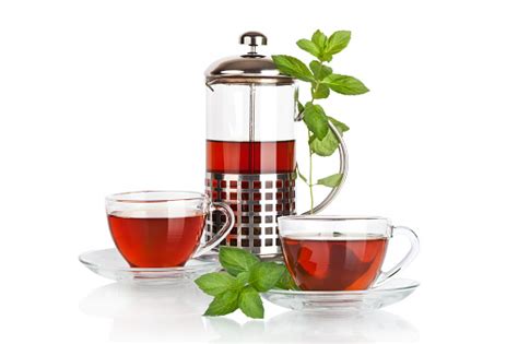 흰색 배경에 고립 된 민트의 차와 녹색 잎이있는 유리 컵과 주전자 0명에 대한 스톡 사진 및 기타 이미지 0명 갈색