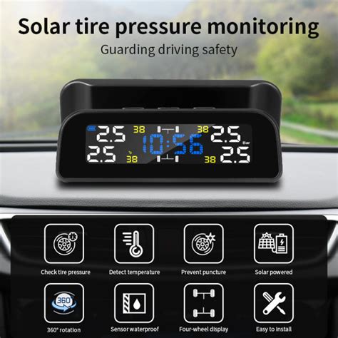 Solar Car TPMS Rotation Tire Pressure Monitoring System LCD Display Digital Clock Tyre