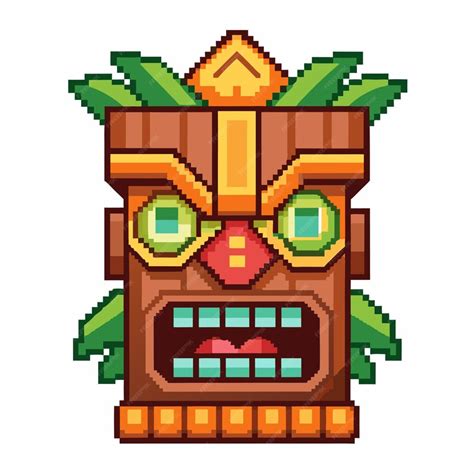 Retro Pixel Art Tiki Mask Illustration With Tribal Design And Vibrant Colors Premium Ai
