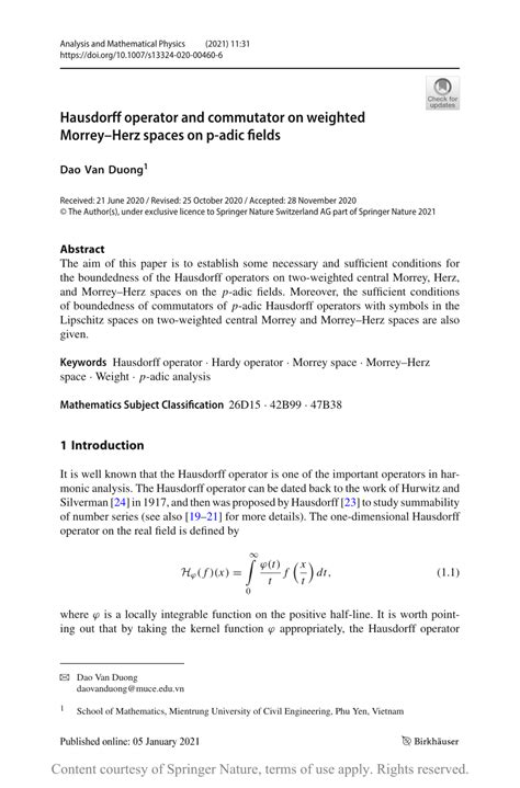 Pdf Hausdorff Operator And Commutator On Weighted Morreyherz Spaces On P Adic Fields