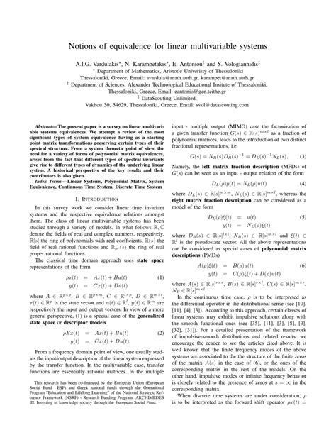 Pdf Notions Of Equivalence For Linear Multivariable Systems