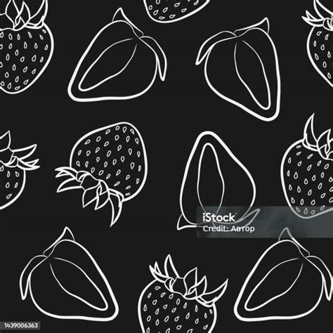 검은 배경에 격리된 간단한 딸기 매끄러운 패턴 낙서 벡터 패브릭 인쇄 템플릿과 개요 딸기 그리기 손으로 그린 육즙 과일 패키지 디자인 딸기에 대한 스톡 벡터 아트 및 기타