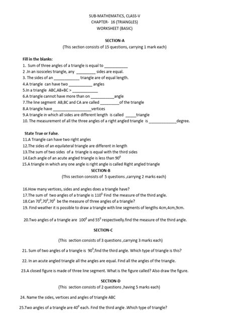 Work Sheet Triangle Pdf Triangle Euclid