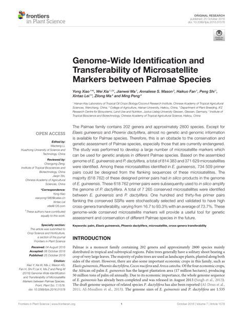 Pdf Genome Wide Identification And Transferability Of Microsatellite Markers Between Palmae