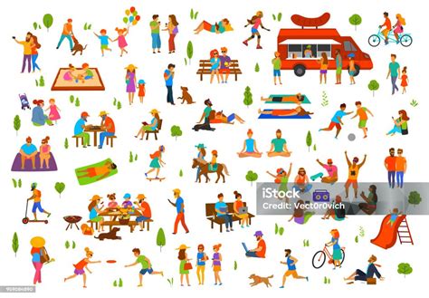 공원 컬렉션에 있는 사람들 남자 여자 커플 가족 어린이 친구 그룹 노인 노트북에 벤치에 앉아 편안한 산책 읽기 책 운동 피크닉 파티 댄스 놀이 공 일광욕 타고 자전거 거짓말