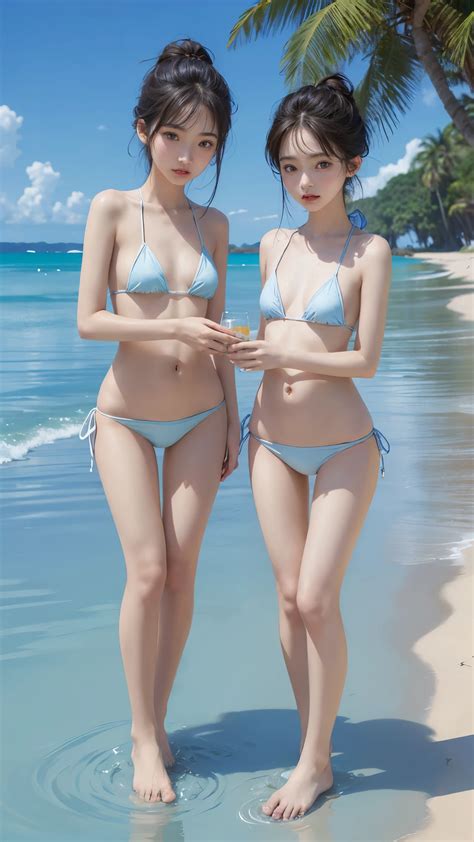 Two Asian Women In Bikinis Standing On The Beach Seaart Ai